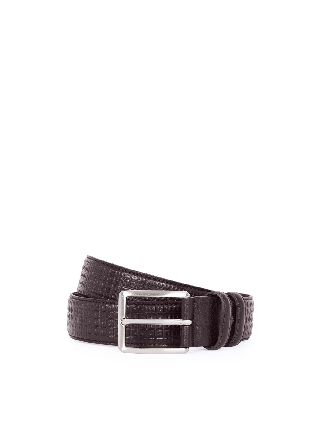 Stamped Motif Fine Leather Belt Dark Brown